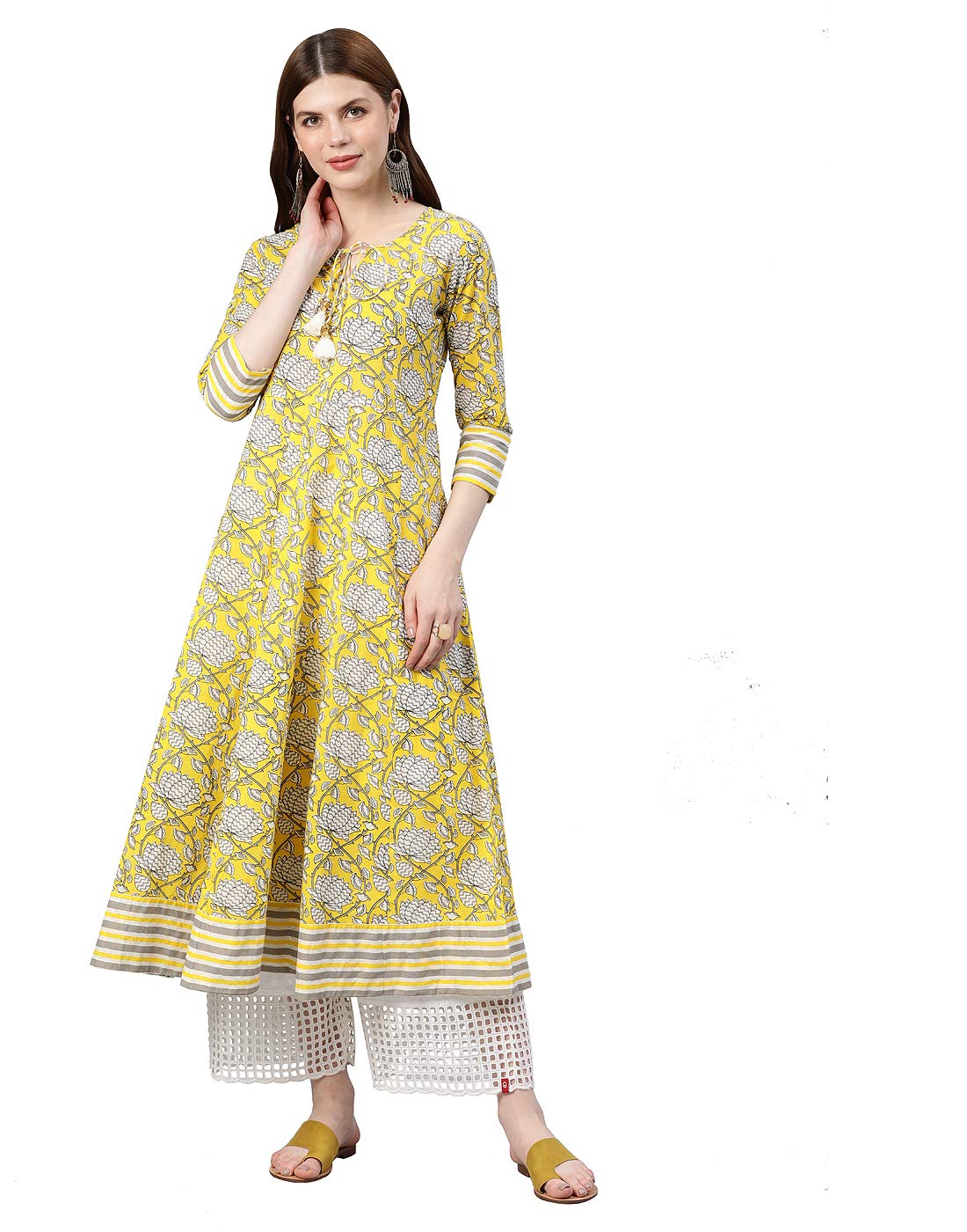 Yash Gallery Indian Cotton Floral Printed Anarkali Kurtis for Women (Lemon Yellow)