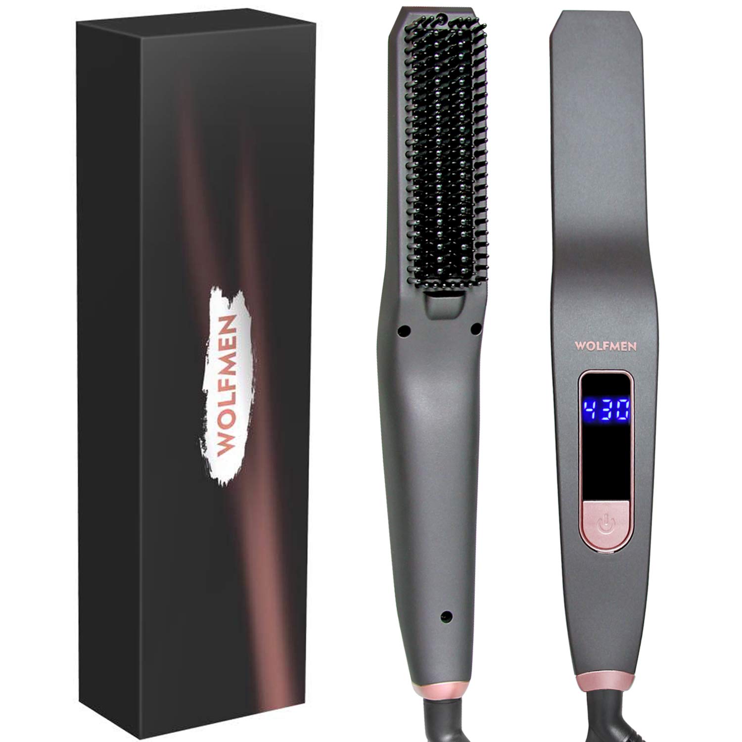 WOLFMEN Beard Straightener for Men - Heated Beard Comb for Men, Ionic Heated Beard Brush Straightener, Hot Beard Comb for Men with 6 Temperatures and Quick Electric Heated