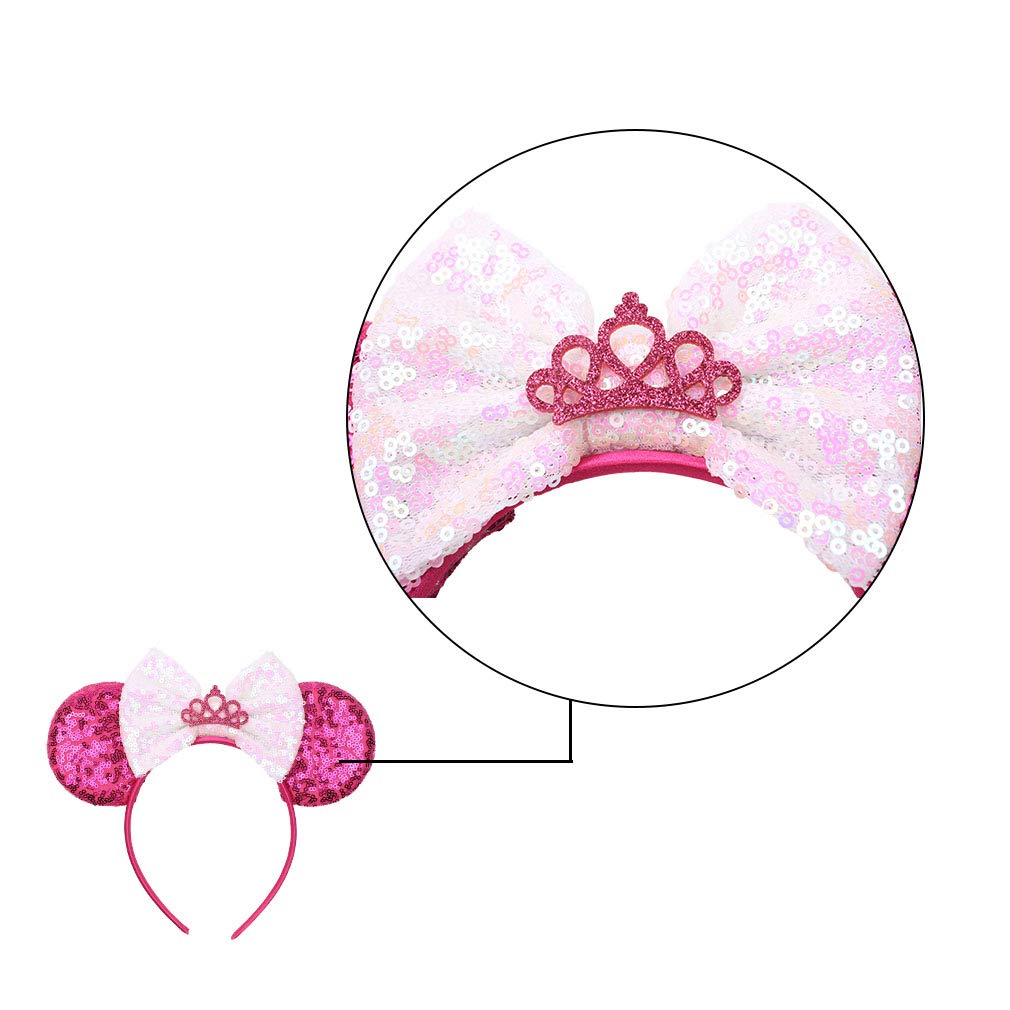 YanJie Crown Mouse Ear Headband Hot Pink Bow Girl Women Party Headwear