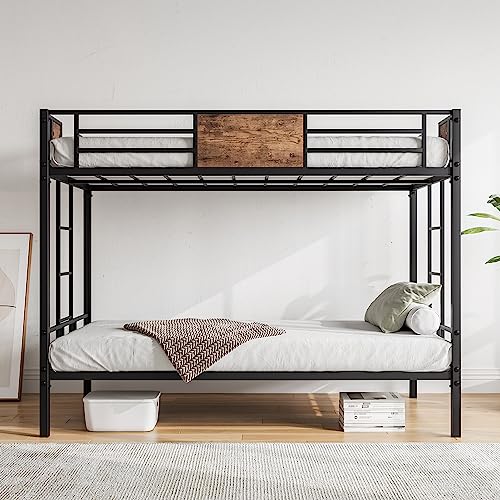 VECOCHO Metal Bunk Bed Twin Over Twin with 2- Side Ladder and Full-Length Guardrail,Space-Saving Design/No Box Spring Needed/Noise Free,Black & Vintage Brown