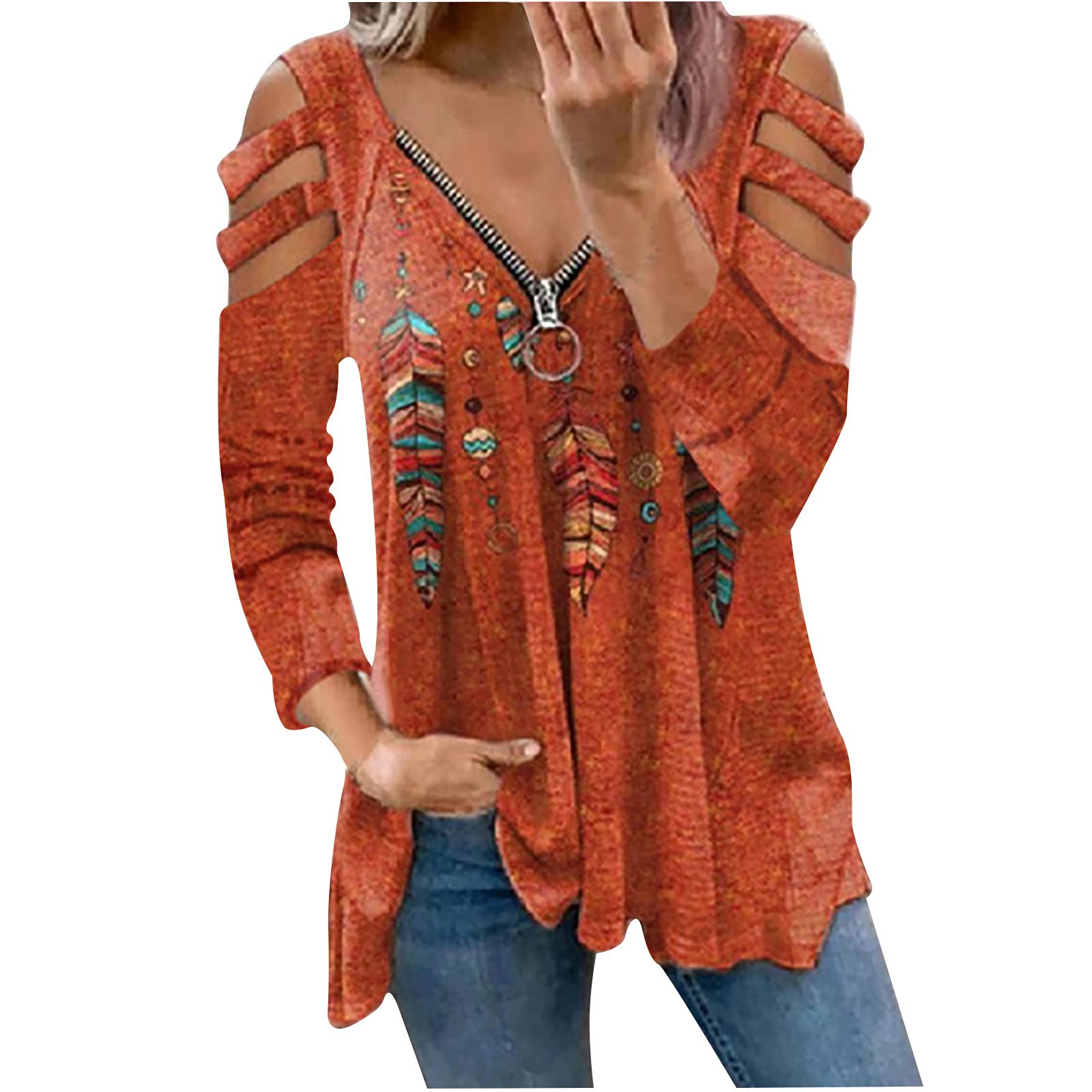 Wirziis Long Sleeve Shirts for Women, Casual Loose Fit V Neck Zipper Tops Sexy Cold Shoulder Trendy Graphic Sweatshirts