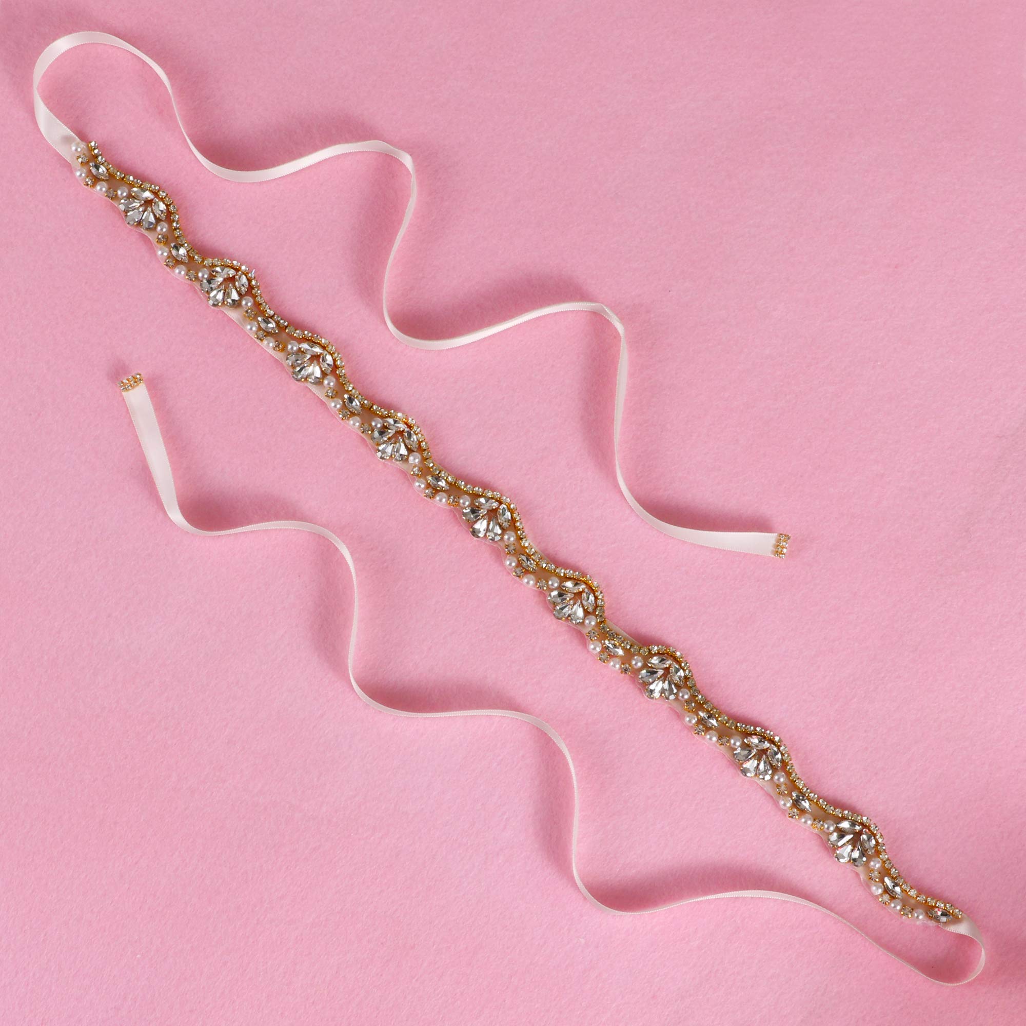 yanstar Handmade Rhinestone Belt Wedding Bridal Belt Sashes for Bridesmaid Dress (Gold-Ivory)