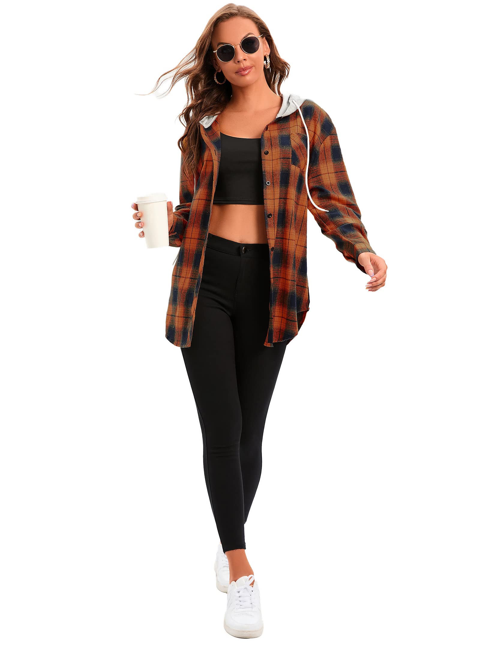 Womens Flannel Shirts Long Sleeve Oversized Boyfriend Shirts Button Down Plaid Hoodie Orange
