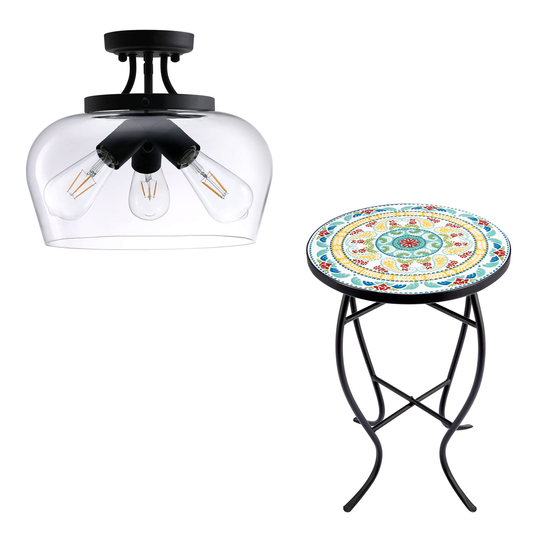 VONLUCE Modern Industrial Semi Flush Mount Ceiling Lighting Fixture + 21" Mosaic Plant Stand, 14 Inch Round Side Table with Ceramic Tile Top, Floral