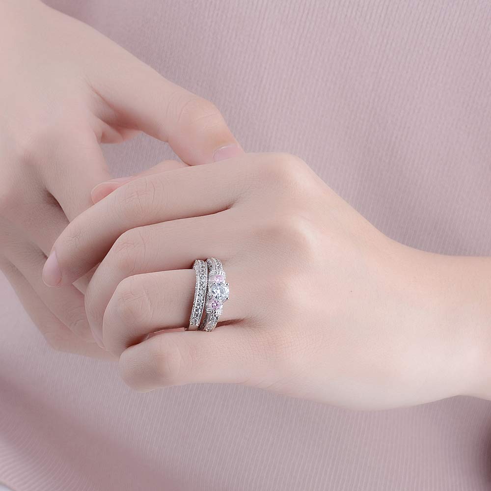 YAZILIND Women Platinum Plated Princess Cut Pink Cubic Zirconia Wedding Engagement Ring Set Size 8