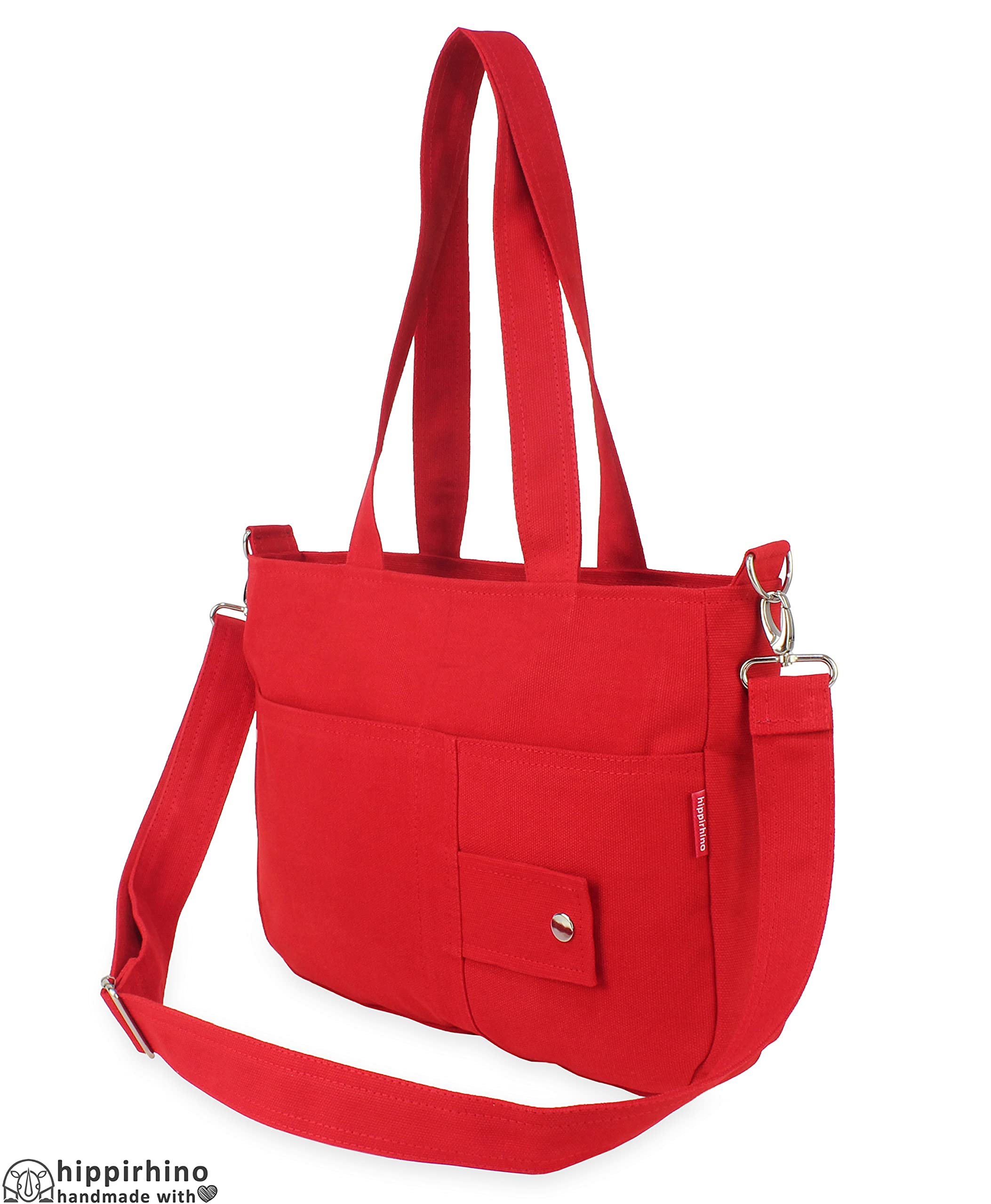 Women's Canvas Shoulder Bag Crossbody Detachable Strap Multi Pockets Messenger Bag Zipped Closure Purse Red