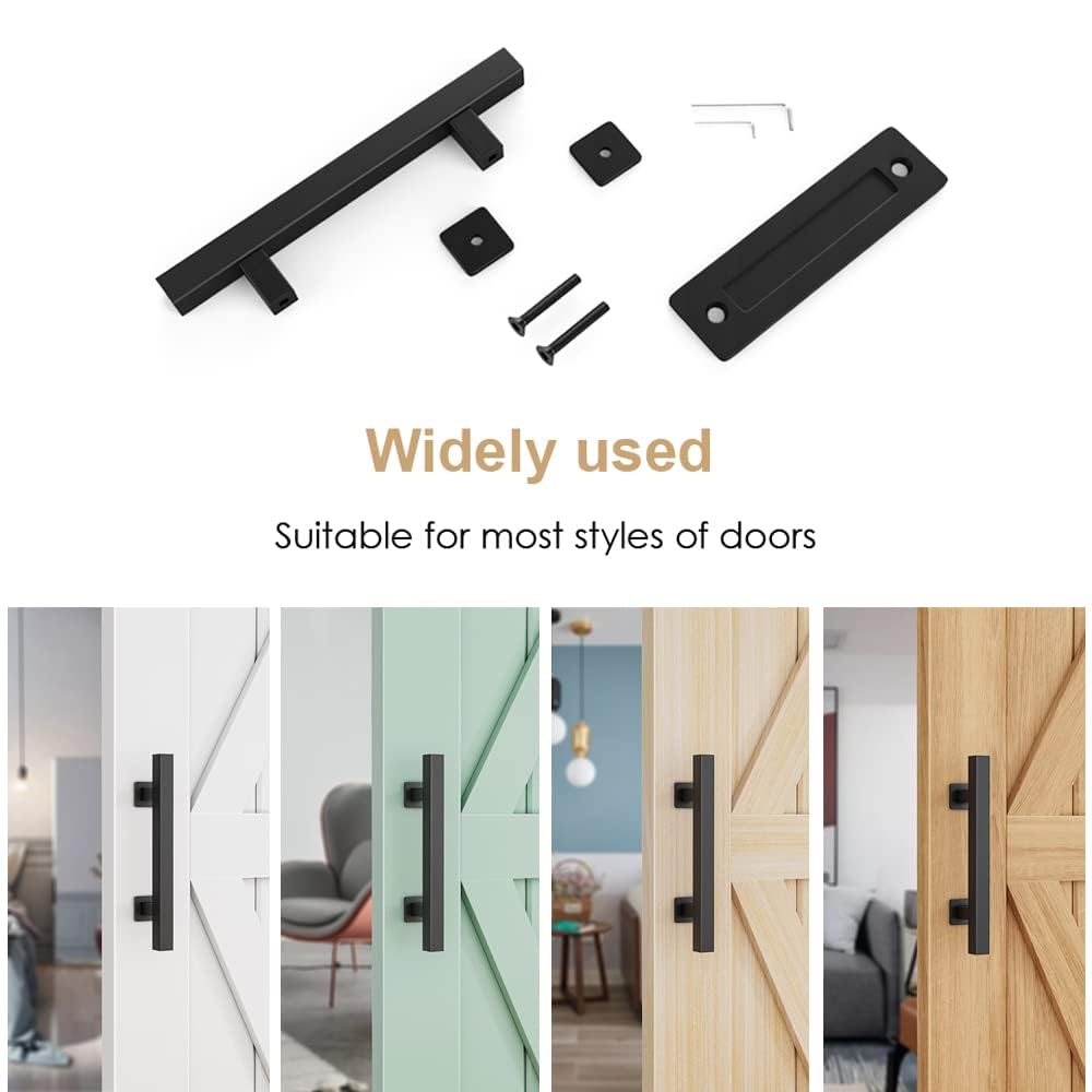 WINSOON Square 12" Sliding Barn Door Handles Pull Black with Flush Finger Hardware, Large Rustic, Pull and Flush Barn Door Handle Set, Suitable for Gate Garages Cabinet