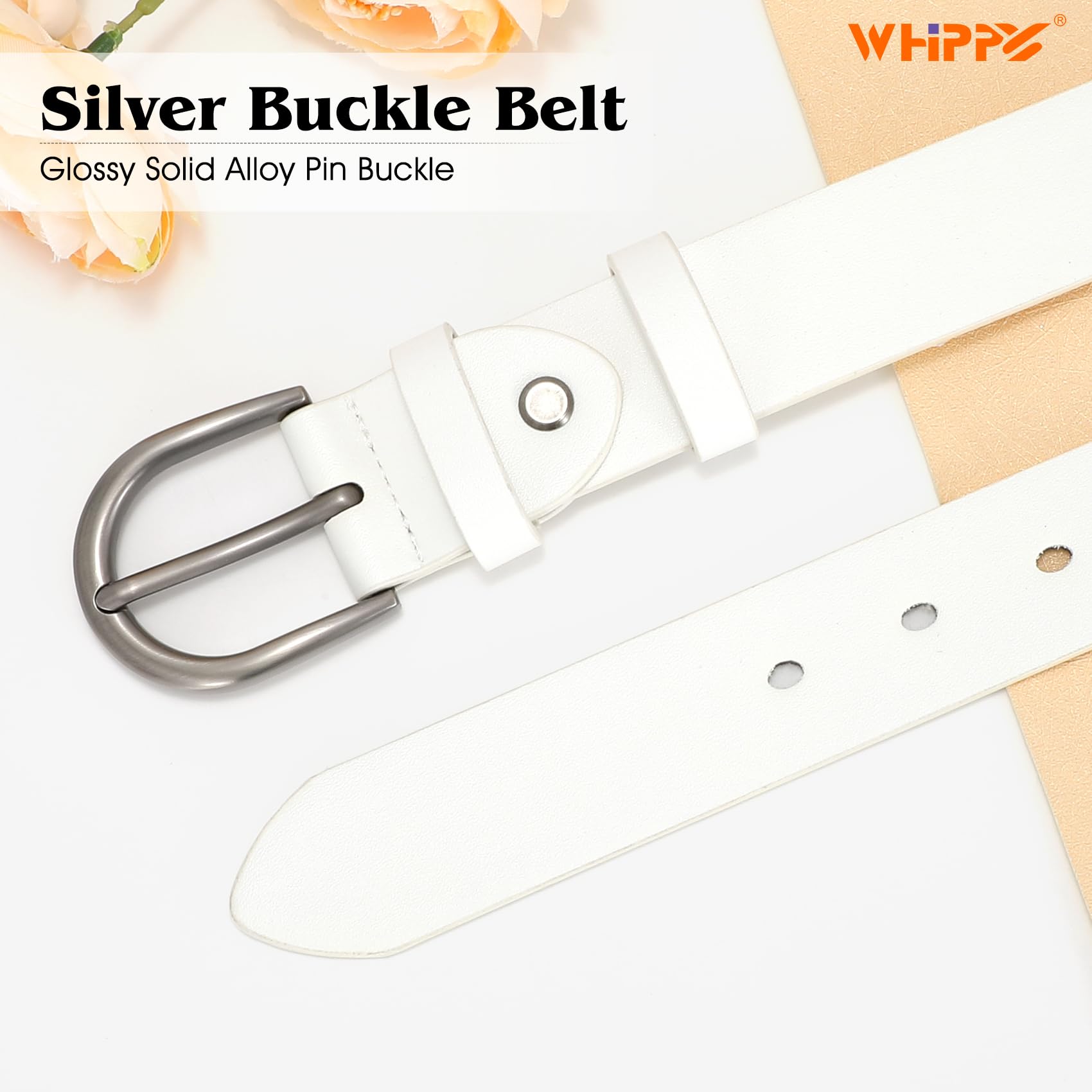 WHIPPY Women Leather Belt for Jeans Pants Dresses Fashion Ladies Western Leather Belt with Silver Buckle M White