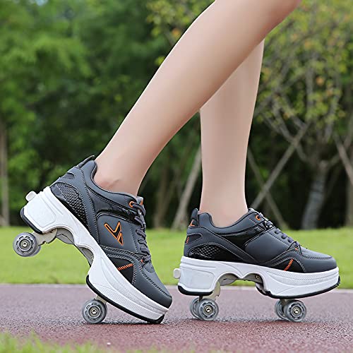 Women's Retractable Roller Skates Outdoor Girls Kick Roller Shoes Men Deformation Sneakers,Light blackr(浅黑色)-EU38/US7