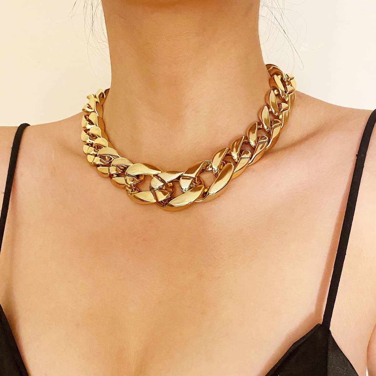 Wiwpar Chunky Choker Necklace Gold Cuban Link Chain Necklace Punk Paperclip Chain Choker Necklace for Women Girls (Style 1)