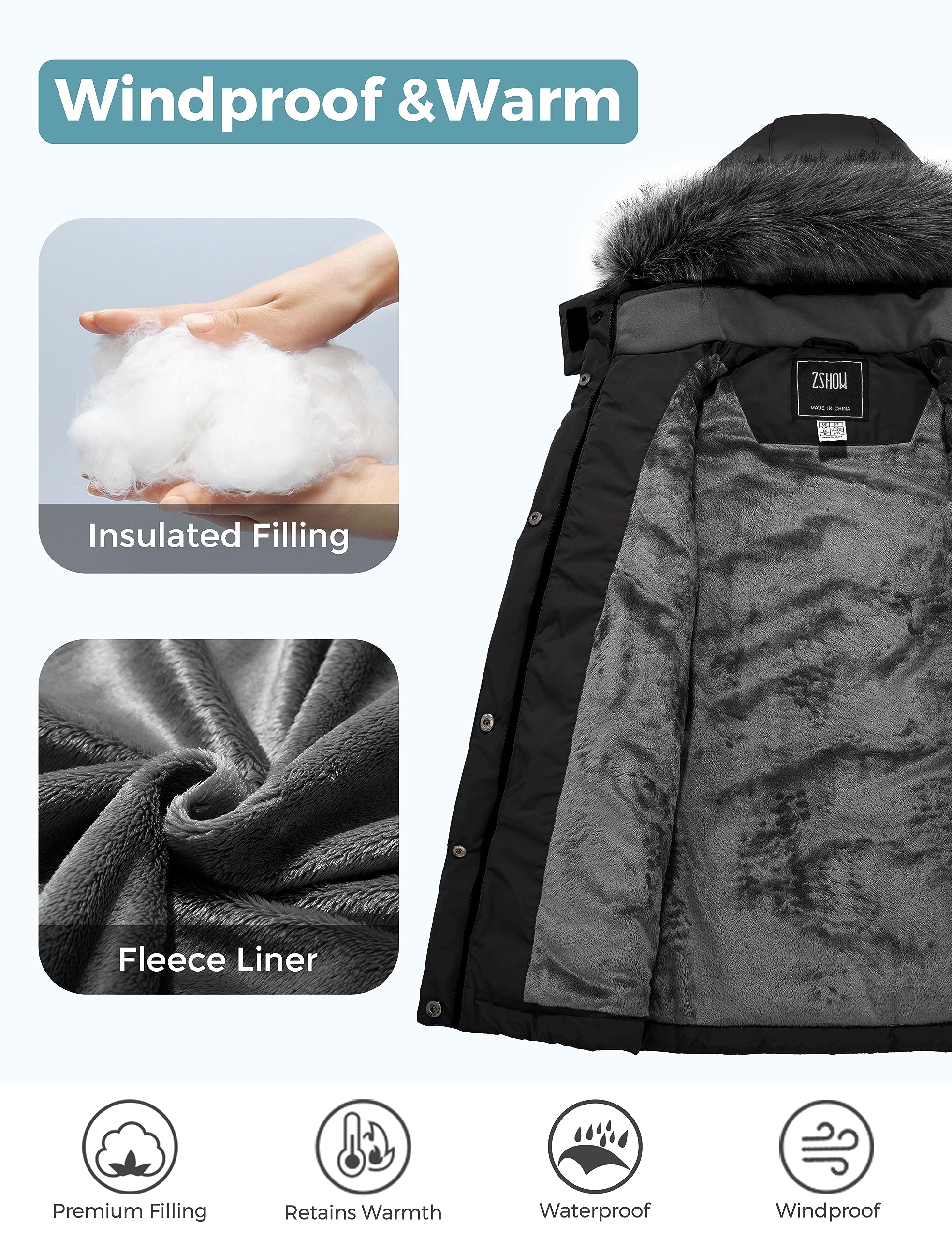 ZSHOW Girls' Long Puffer Jacket Windproof Thick Padded Snow Winter Coat(Black,14-16)