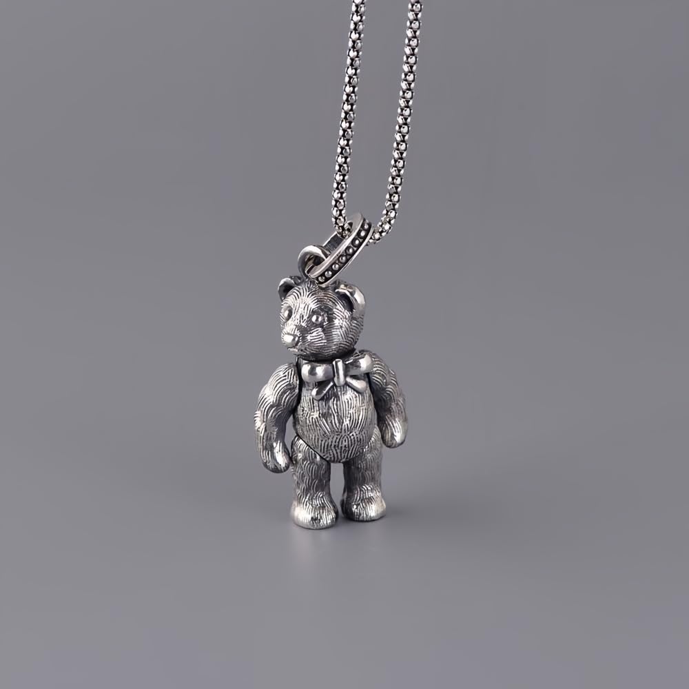 Vintage Black 925 Sterling Silver Articulated Teddy Bear Pendant for Men Women