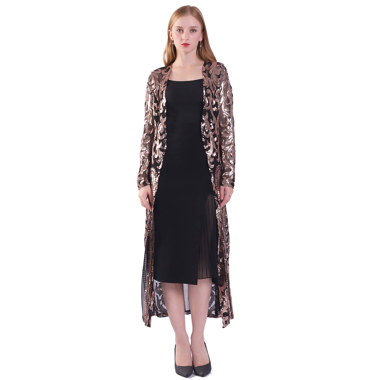 Women's Sequin Cardigan Summer Cover Up Dress Glitter Sparkle Open Front Coat Dresses Duster for Evening Prom 3XL Black