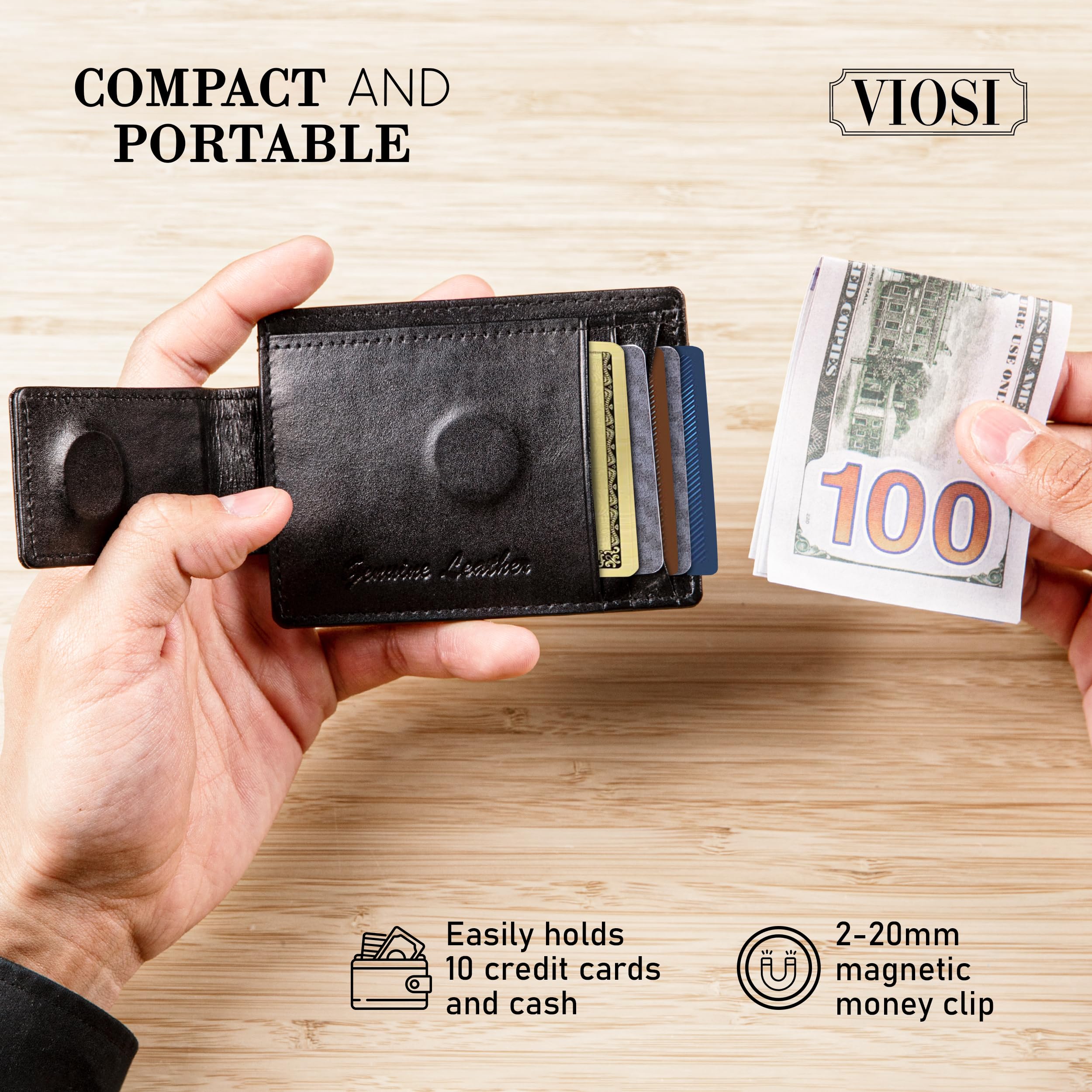 Viosi Money Clip Slim Leather Wallet For Men Front Pocket Rfid Blocking Card Holder With Rare Earth Magnets