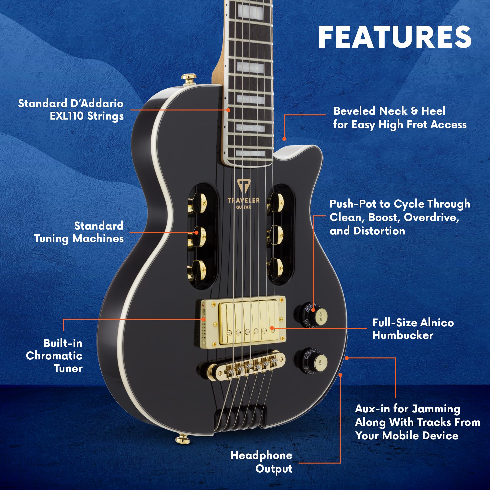 Traveler Guitar EG-1 Custom Gloss Black Electric Guitar | Small Electric Guitar with Headphone Amp | Full 24 3/4" Scale Travel Guitar | Portable Mini Guitar | Headless Guitar with Custom Gig Bag