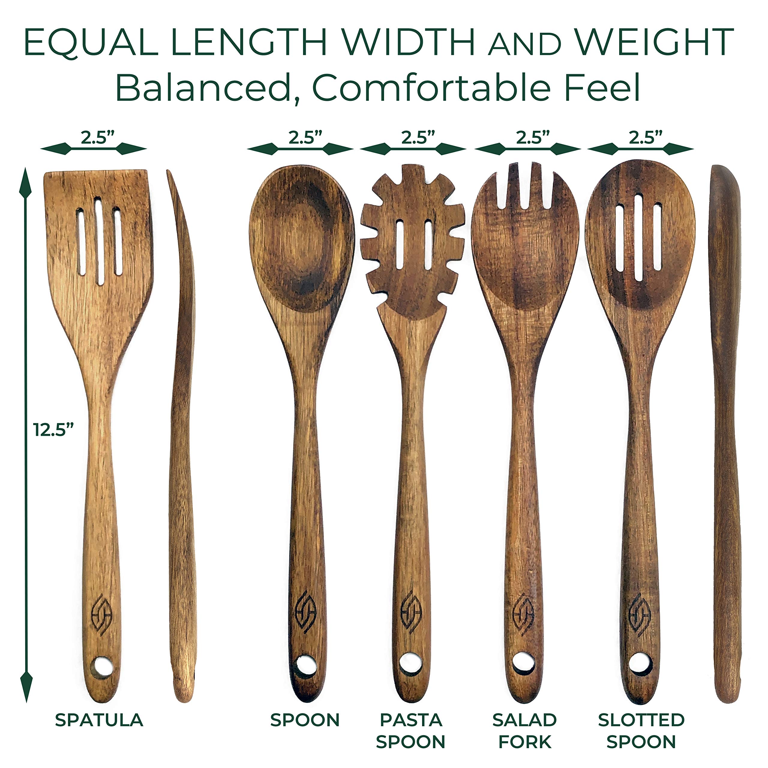 Wooden Spoons for Cooking - Kitchen Utensils Set of 5, Acacia Wood Utensil Sets, with Slotted Spoon, Salad Fork, Spatula, Pasta Server (Rich Brown)