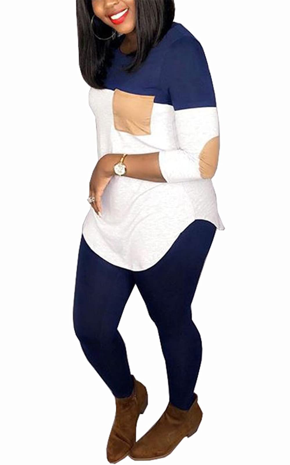 Womens Casual 2 Piece Outfits Long Sleeve Patchwork Sweatshirt Pullover Tops and Skinny Pants Suit Tracksuit Set Blue Large…