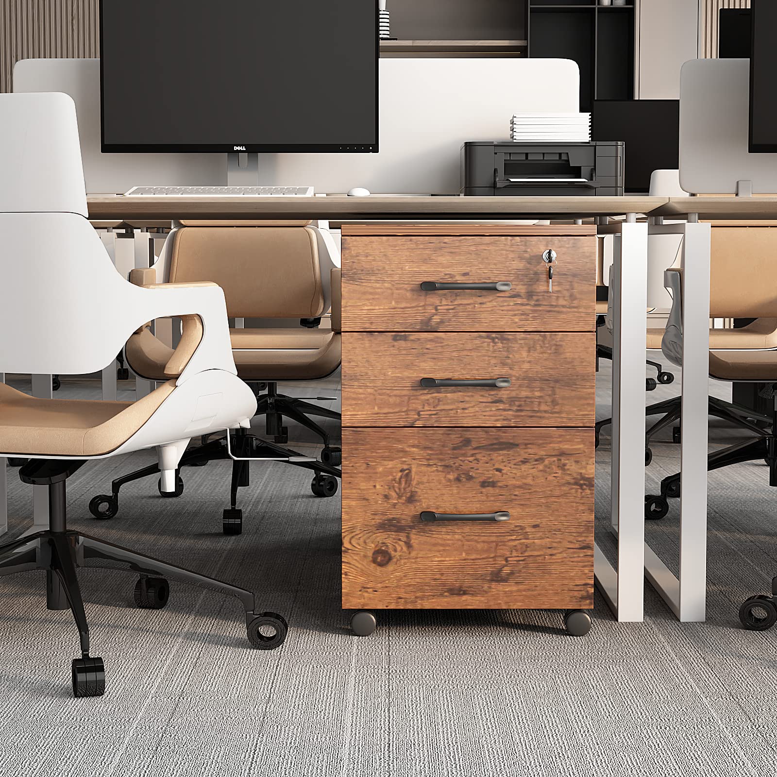 YQ JENMW File Cabinet 3 Drawers with 1 Lock, Wooden Rolling Mobile Filing Cabinet, Under Desk File Cabinet with Wheels, Removable File Cabinet for Home Office,Office Storage Cabinet Under Desk,Brown