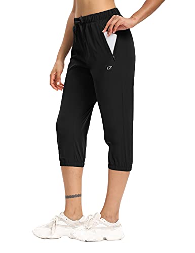 Womens Lightweight Joggers Capri Pants UPF 50+ Hiking Pants Sun Protect Capris for Summer(Black,M)