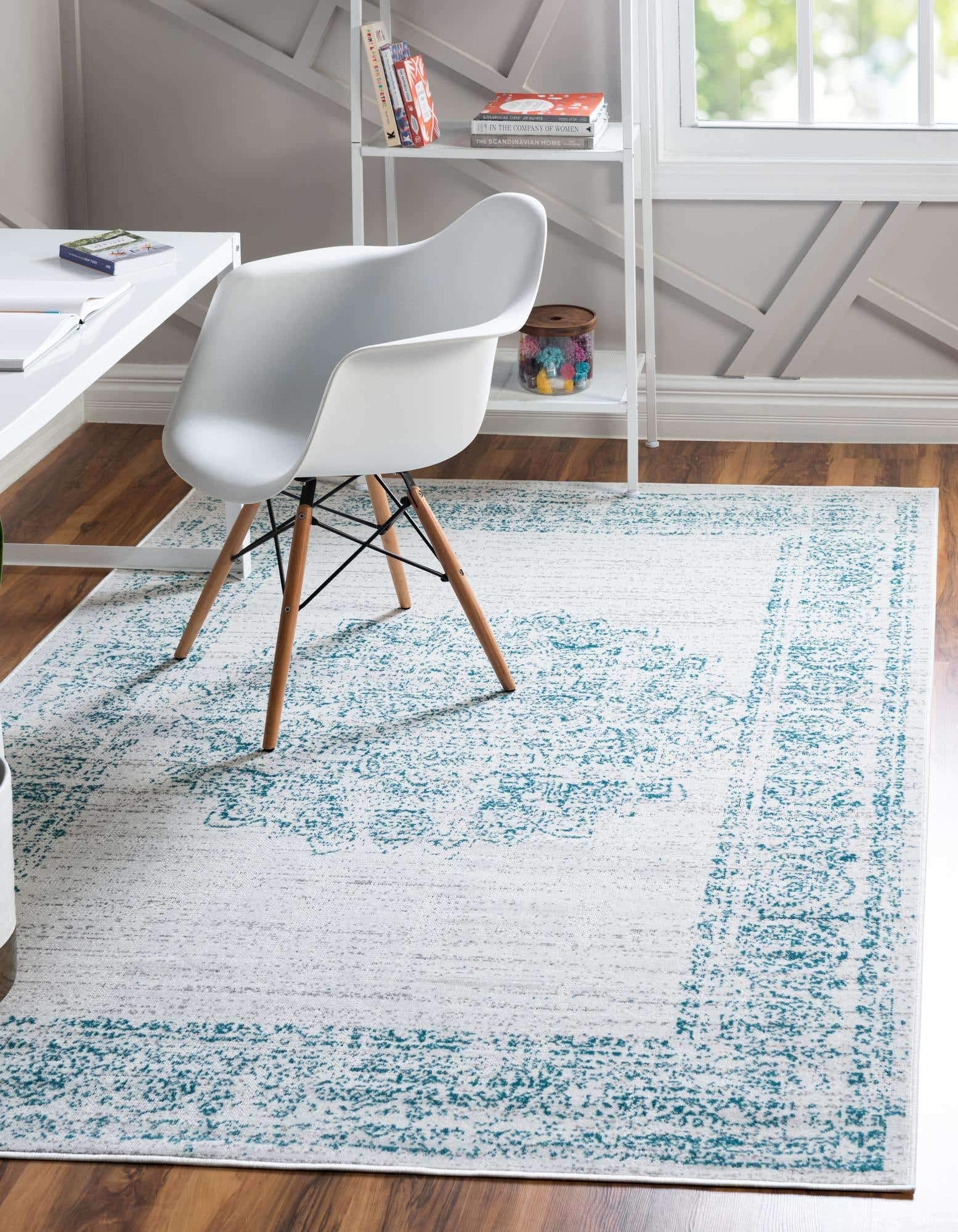 Unique Loom Aarhus Collection Vintage Border Area Rug_AAR003, 5 ft x 7 ft 9 in, Cream/Teal