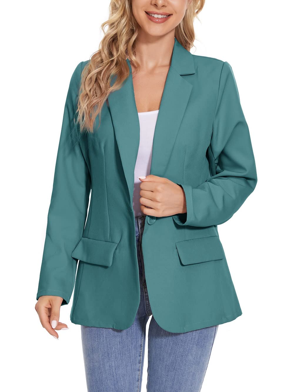 Womens Casual Blazers Open Front Long Sleeve Work Office Jackets Blazer,Casual Work Solid Color Blazer (Dark Green, M)