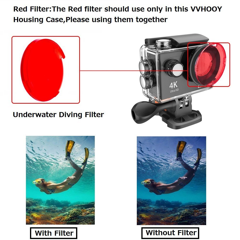 VVHOOY Waterproof Case Dive Housing Protective Underwater Dive Case Shell with 3 Pack Red Filter Compatible with AKASO EK7000/EKEN H9R/REMALI/FITFORT/DROGRACE WP350 Action Camera