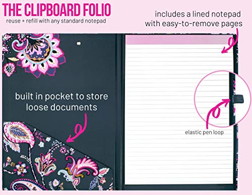 Vera Bradley Women's Pink/Grey Clipboard Folio with Refillable Lined Notepad, Interior Pocket, and Pen Loop, Felicity Paisley