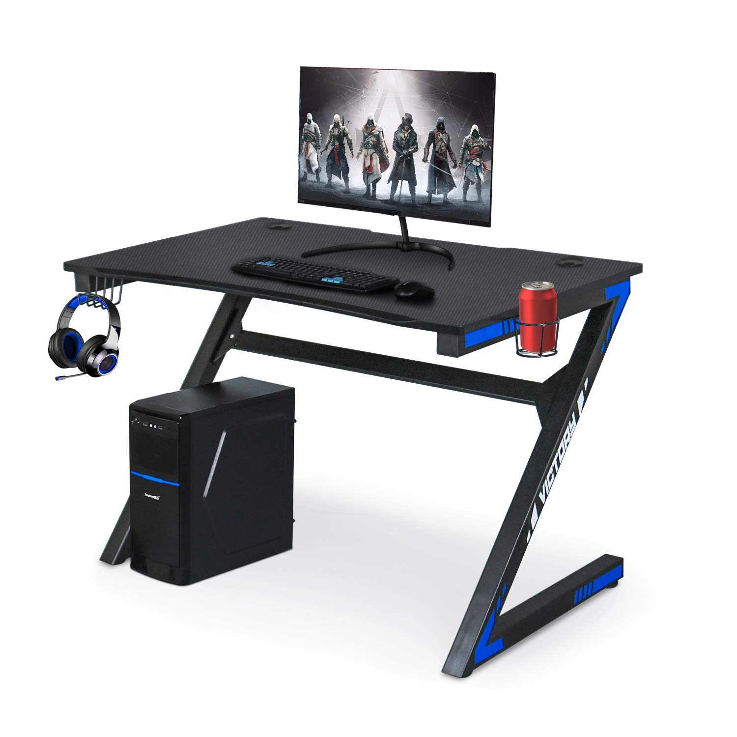 YIGOBUY Computer Gaming Desk with Large Carbon Fiber Surface Cup Holder & Headphone Hook for Home or Office, Gaming PC Desk Table(Black and Blue)