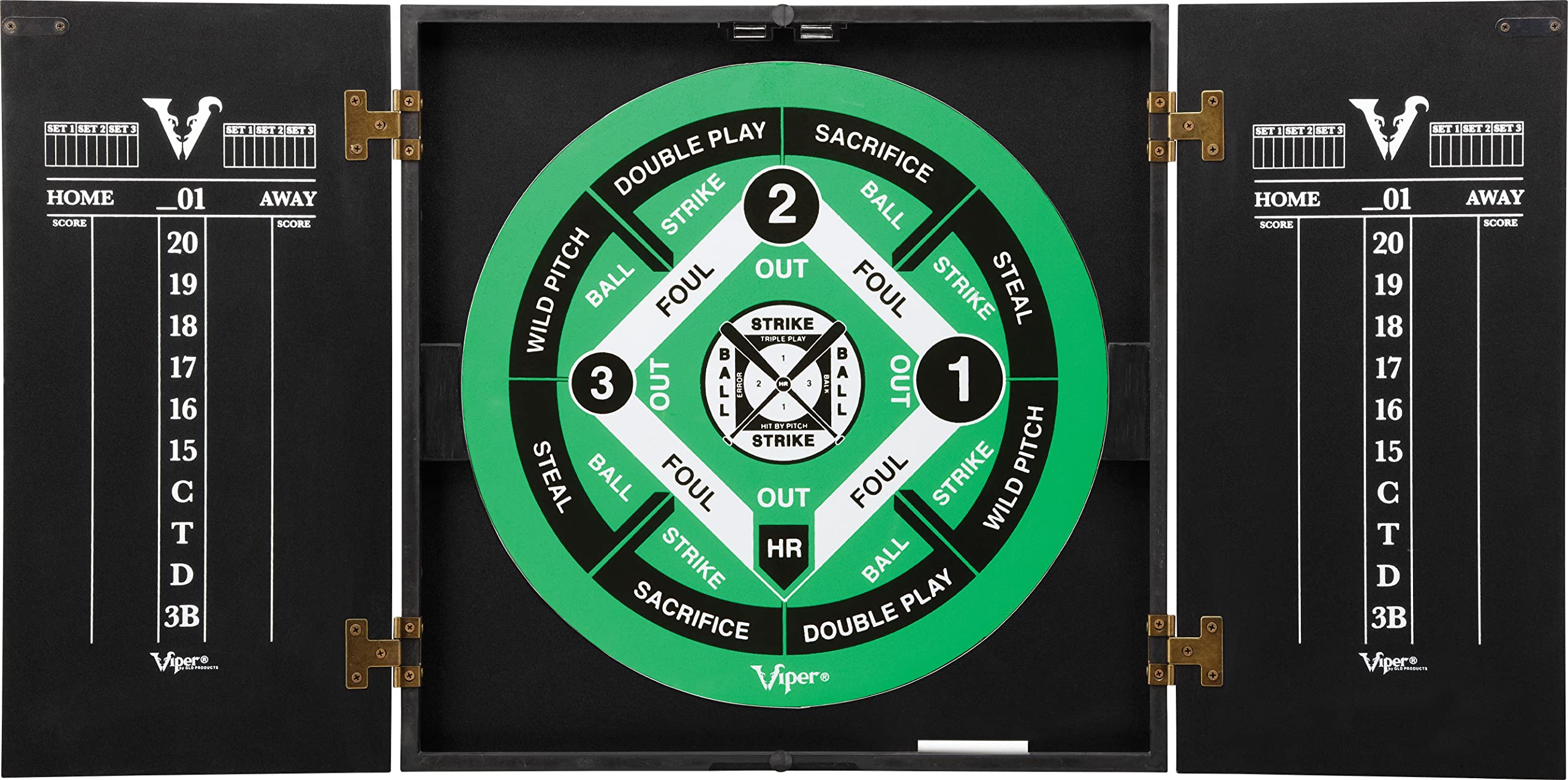 Viper Hideaway Cabinet & Steel-Tip Dartboard Ready-to-Play Bundle, Reversible Standard and Baseball Game Options with Two Sets of Steel-Tip Darts and Chalk Scoreboards, Black Matte Finish