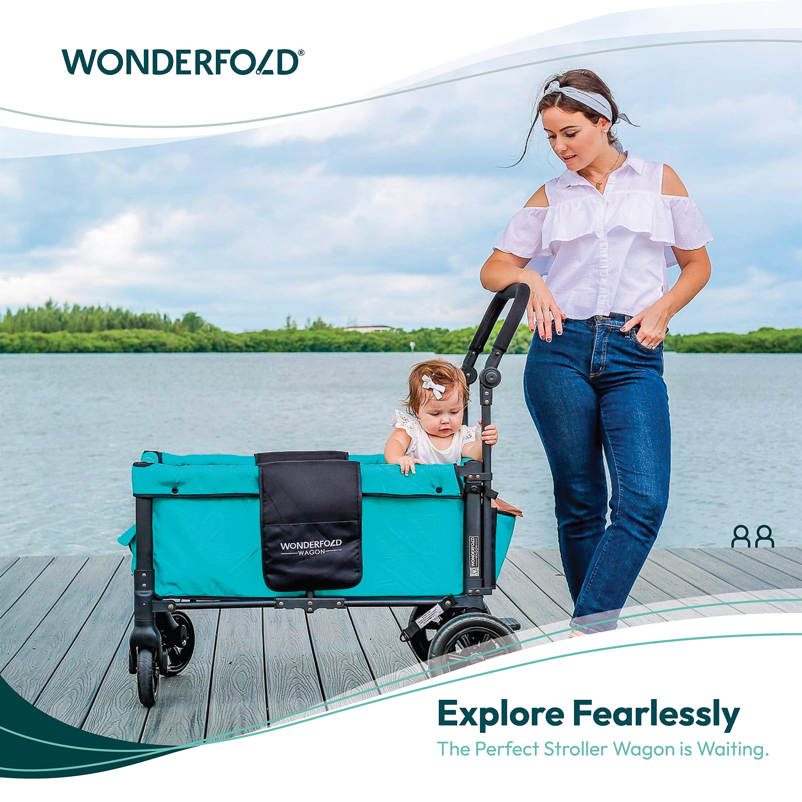 WONDERFOLD W1 Original Double Stroller Wagon (2 Seater) - Collapsible Wagon Stroller with Seats with 5-Point Harnesses, Adjustable Push Handle, and Sun Canopy, Gray