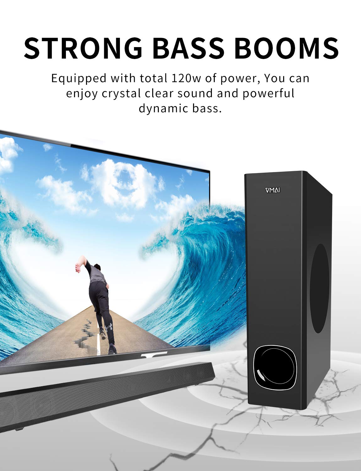 VMAI 2.1 Sound Bar with Subwoofer, 120W, Bluetooth 5.0, HDMI/Optical/Auxiliary/USB, Jet Black, 34 Inch, Wall Mountable, Bass Adjustable Surround Sound for Home Theater