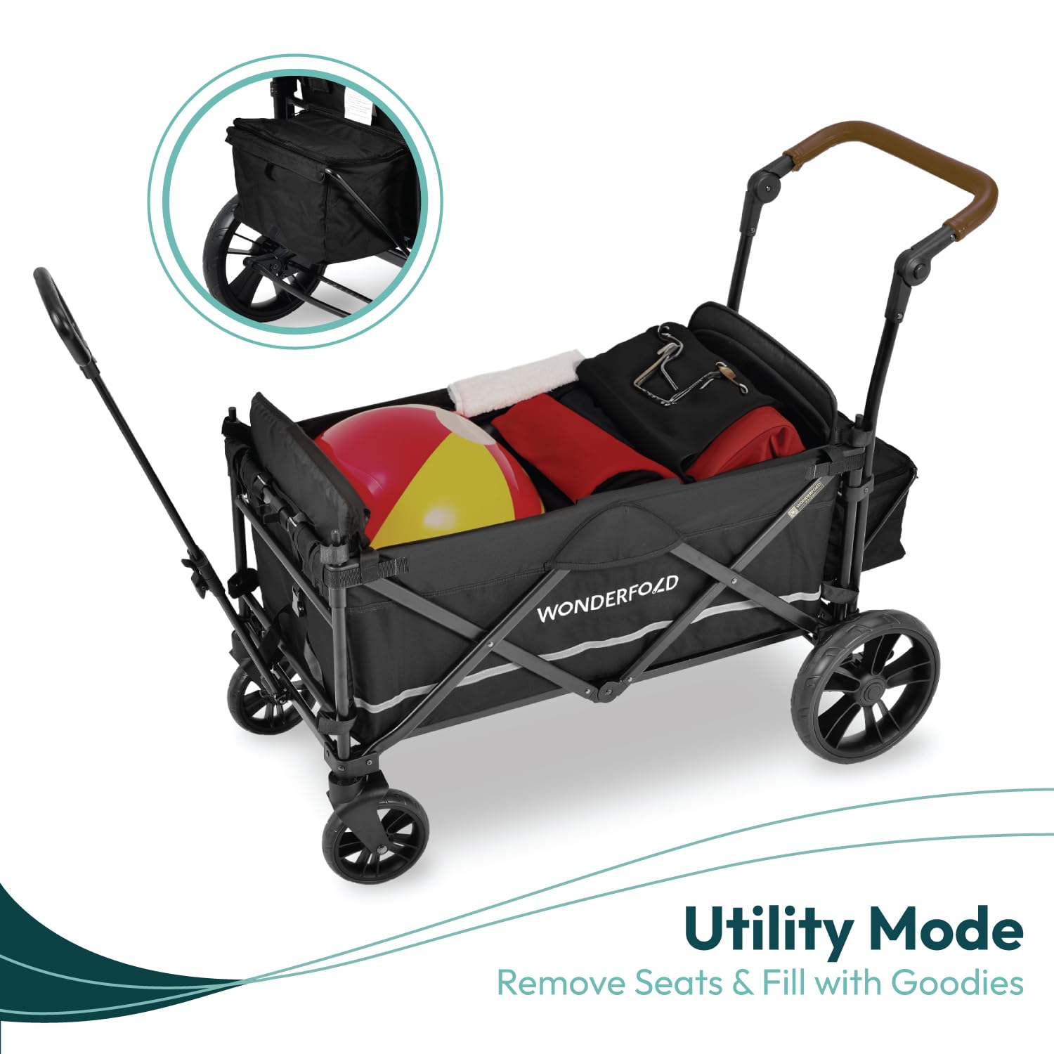 WONDERFOLD X2 Push & Pull Double Stroller Wagon (2 Seater) - Collapsible Wagon Stroller with 5-Point Seatbelt Harnesses, Push & Pull Handles, & Removable Sun Canopy, Midnight Blue