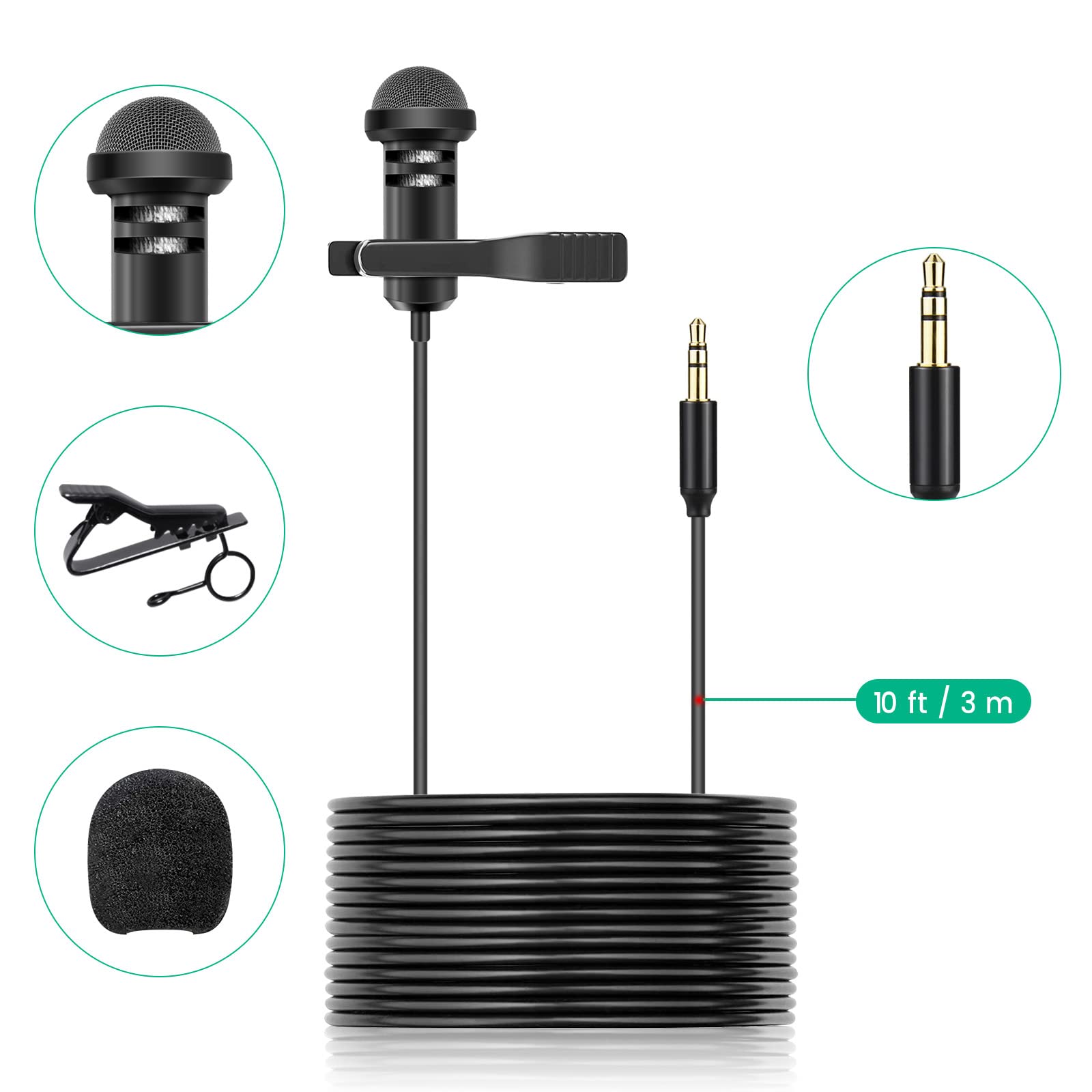 weishan Lavalier Mic Compatible with GoPro HERO11 Black, HERO10,HERO9 Action Cameras, Media Mod, Max - Lapel Microphone 3.5mm, 10ft