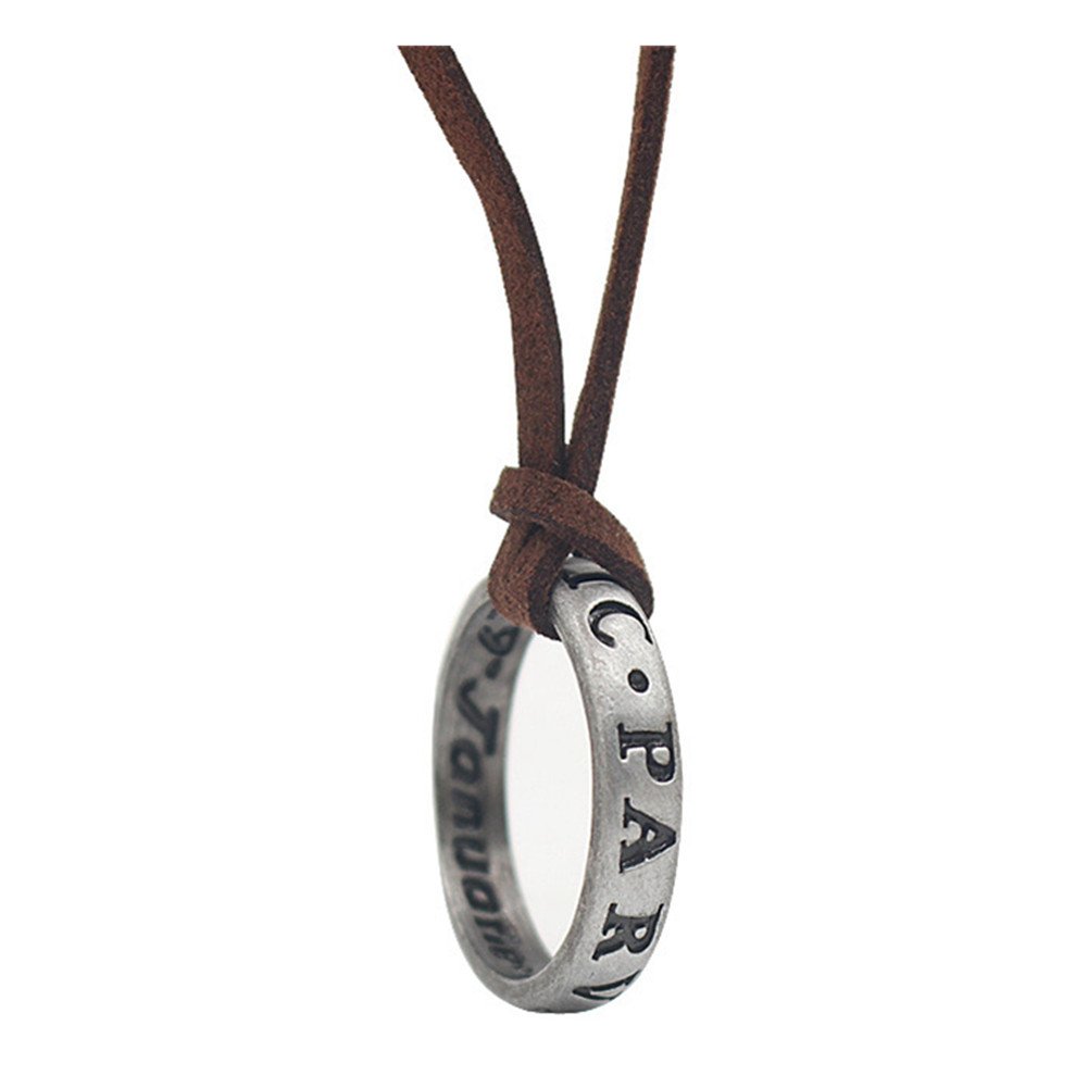 yihan jewelry Sterling Silver Plated Uncharted 4 Drake Engraved Ring Pendant Necklace,brown leather Chain