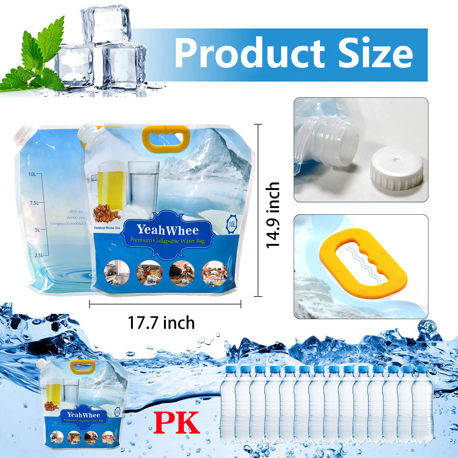 YeahWhee Collapsible Water Container, 4Pcs 2.6 Gallon Emergency Water Storage Containers BPA Free, Portable Water Bag, No-Leak Freezable Water Jugs for Camping Hiking Backpack Outdoors Travel