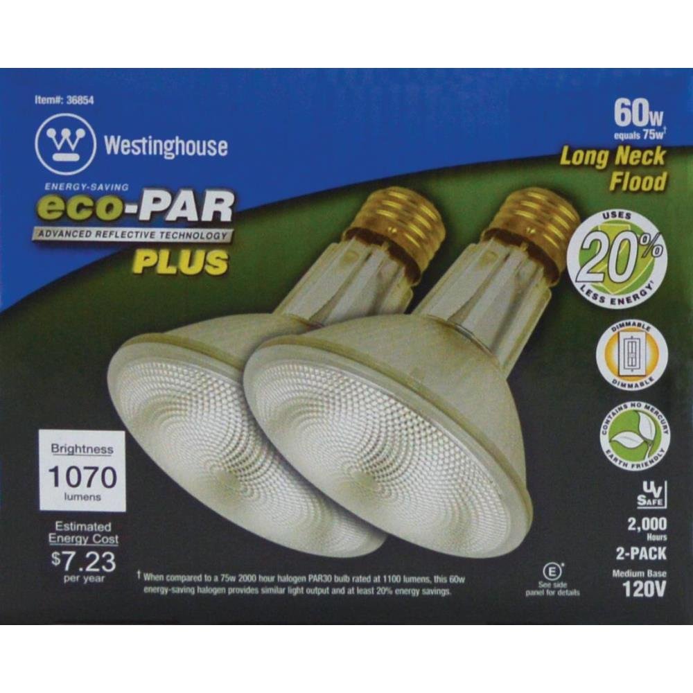 Westinghouse 3685400 60 Watt PAR20 Eco-PAR Plus Long Neck Halogen Flood Reflector Clear Light Bulb with, 2 Count (Pack of 1)