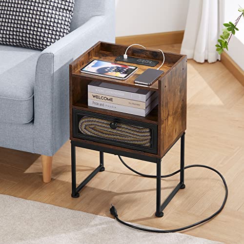 ZEXVIDA Nightstand with Charging Station for Small Space, Record Player Stand, Small End Table Sofa Side Table for Small Place Living Room Bedroom Apartment Reception, Rustic Brown