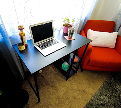 ZENY Small Computer Desk with Storage Shelves, 36” Sturdy Home Office Writing Desk/Laptop PC Workstation Desk, Metal Frame Computer Table, Black