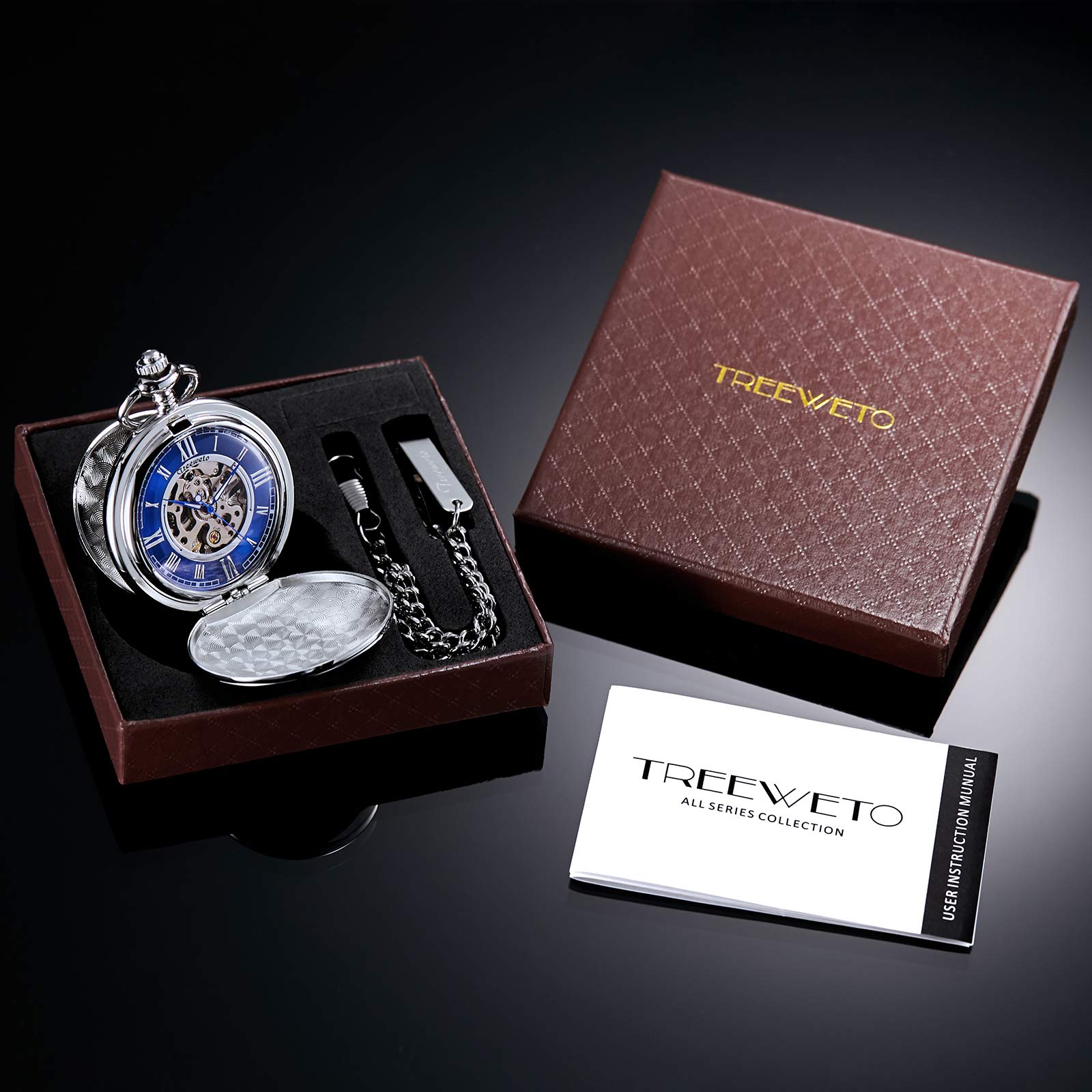 TREEWETO Pocket Watch - Smooth Double Case Series Skeleton Dial Delicate Mechanical Movement with Chain, Silver