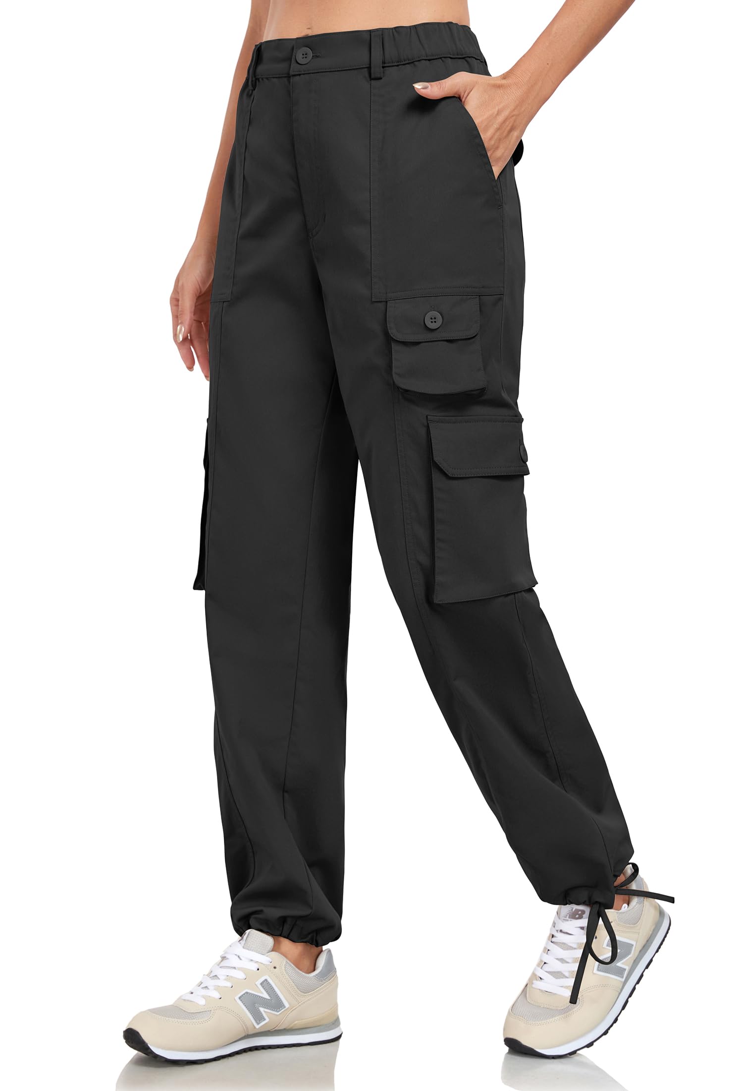 VEOBIKE Women’s Cargo Work Pants Elastic Waist Straight Leg Baggy Casual Hiking Pants Cotton Military Pants 7 Pockets Black