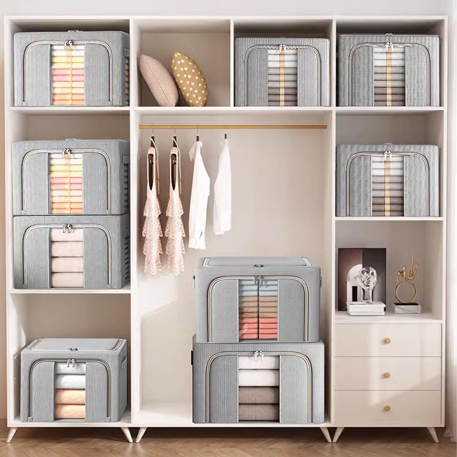 VAN CADENE 24L Clothes Storage Bins Metal Frame Clothes Storage Organizer Bedding Storage Bags with Zipper and Clear Windows, Closet Storage Bins for Organizing(15.7L×11.8W×7.8H - 3 Pack)