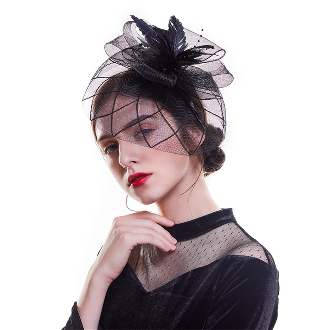 Women Fancy Feather Hats Black Birdcage Veil Wedding Hats and White Net Hair Accessories Black