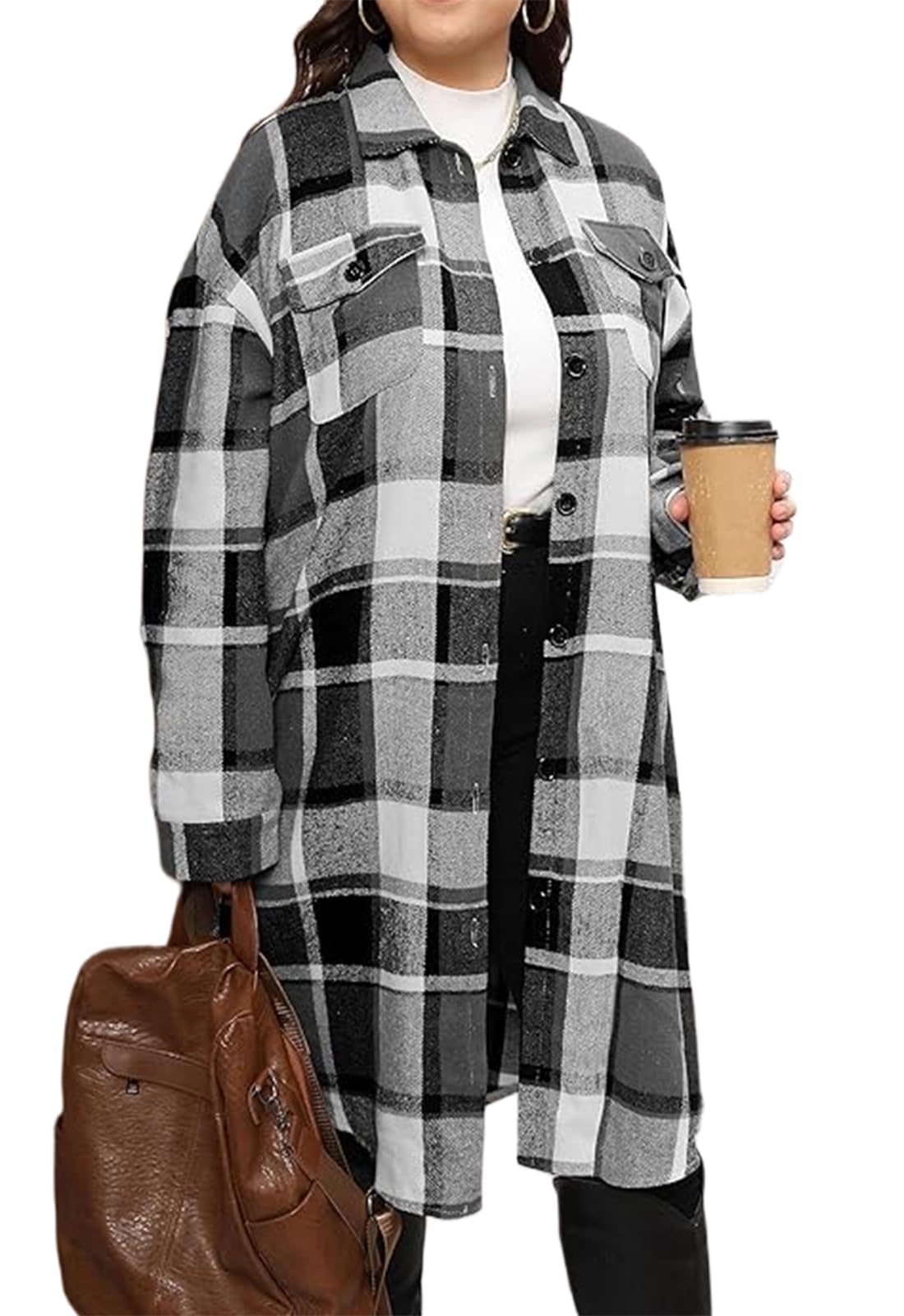 ZAAYO Plus Size Shacket Jacket for Women 2023 Flannel Plaid Long Shirts Long Sleeve Fall Tartan Winter Trench Coats with Pockets