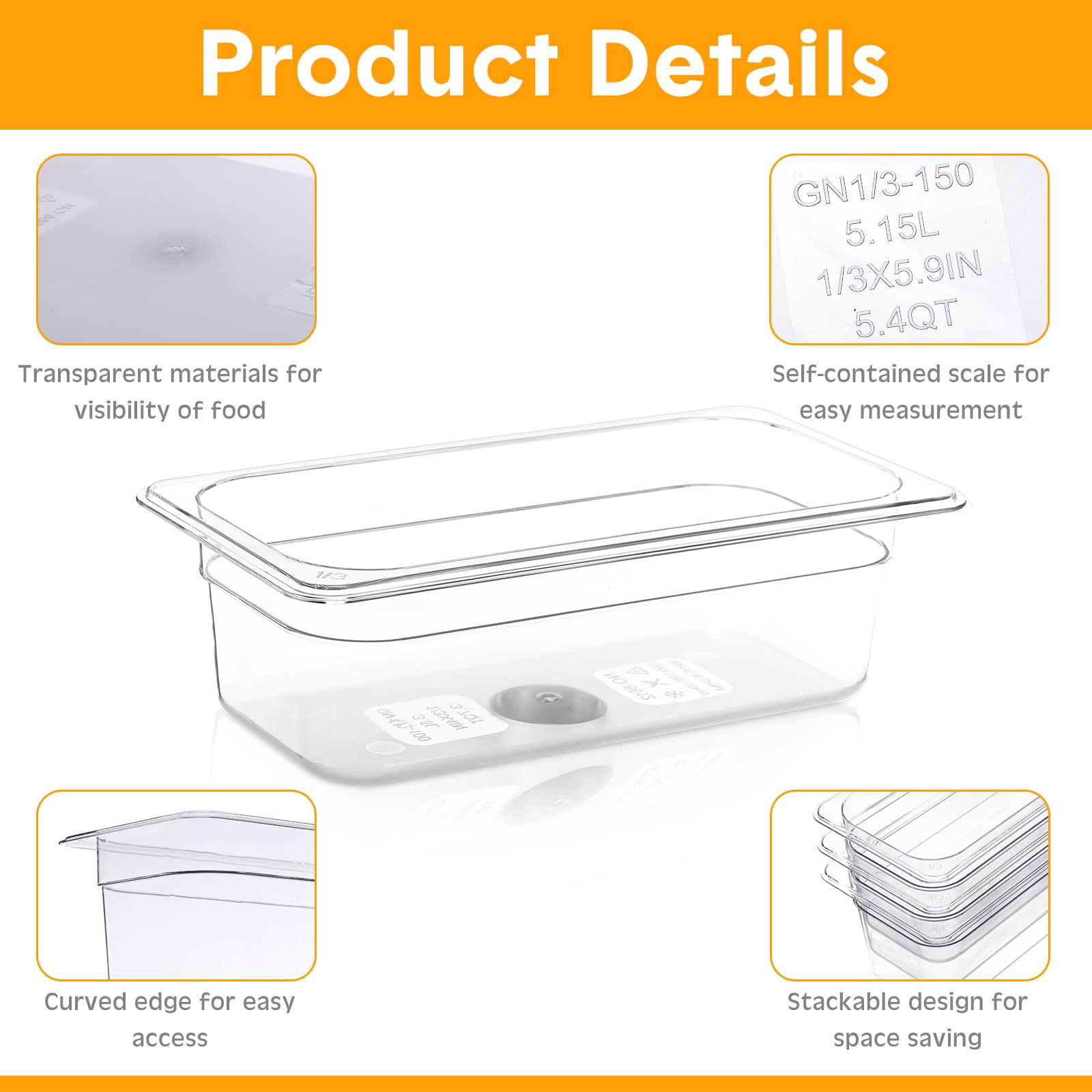 Yinder 12 Pack Plastic Food Pan 1/3 Size Commercial Food Storage Containers Pans Clear Stackable Restaurant Hotel Pans for Kitchen Fruits Vegetables Beans Corns (4 Inches High, 1.5 Gallon)