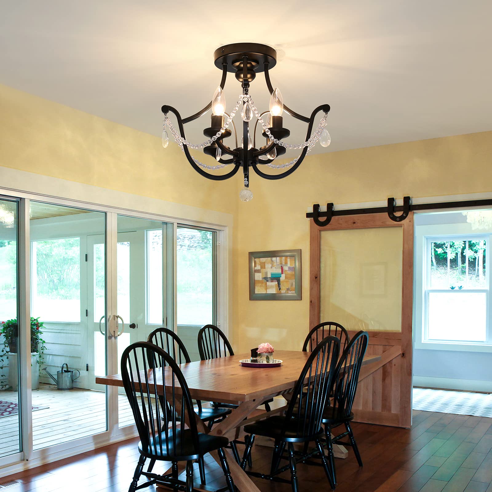 UOFUS Modern Semi Flush Mount Crystal Chandelier Farmhouse Indoor Small Ceiling Light Fixture Modern Ceiling Lamp for Foyer Kitchen Hallway Bathroom Bedroom Dining Room ( Black )