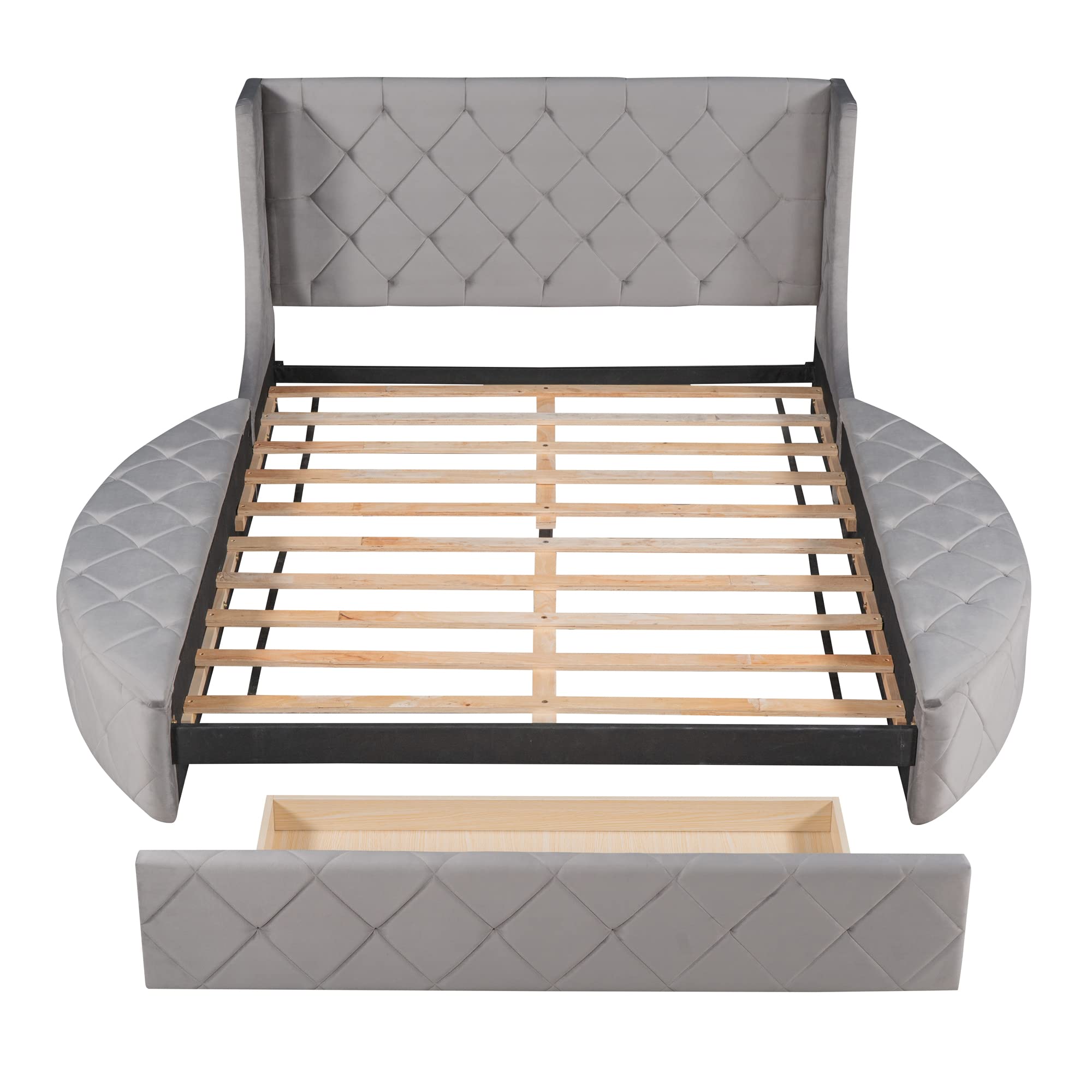 Yehha Full Size Frame w/Twin Trundle & 2 Storage Drawers, Wooden Platform Bed w/Slat Support, No Box Spring Needed, for Kids Teens Adults Bedroom, Gray, Grey