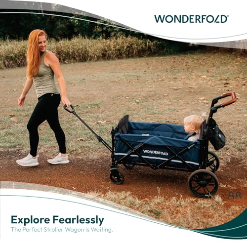 WONDERFOLD X2 Push & Pull Double Stroller Wagon (2 Seater) - Collapsible Wagon Stroller with 5-Point Seatbelt Harnesses, Push & Pull Handles, & Removable Sun Canopy, Stone Gray