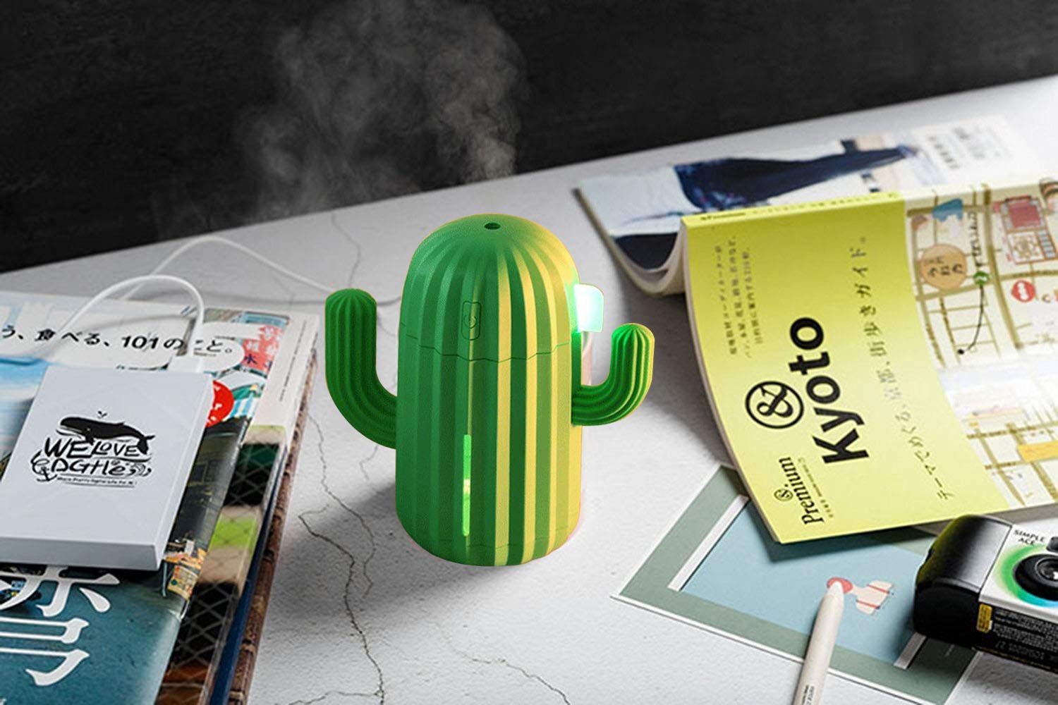 YINGJEE Mini Humidifier Single Room Humidifiers with Night Light Portable Cactus Air humidifier for for Yoga, Office, spa, Bedroom,Baby Room,Silica Gel Diffuser for tap Water only(Green)
