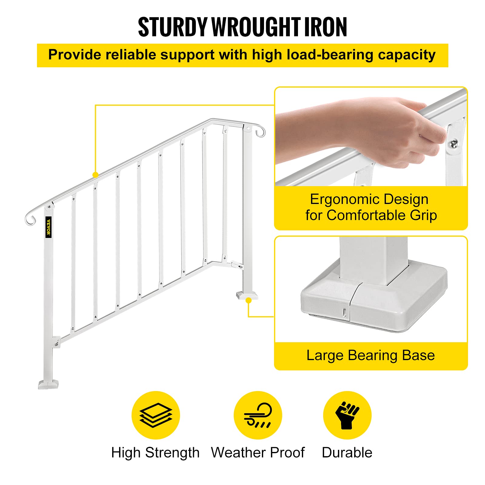 VEVOR Handrail for Outdoor Steps, 3-4 Steps White Fence Outdoor Handrail, Adjustable Metal Staircase Handrail, Thickened Stair Railings for Porch Railing, Deck Handrail