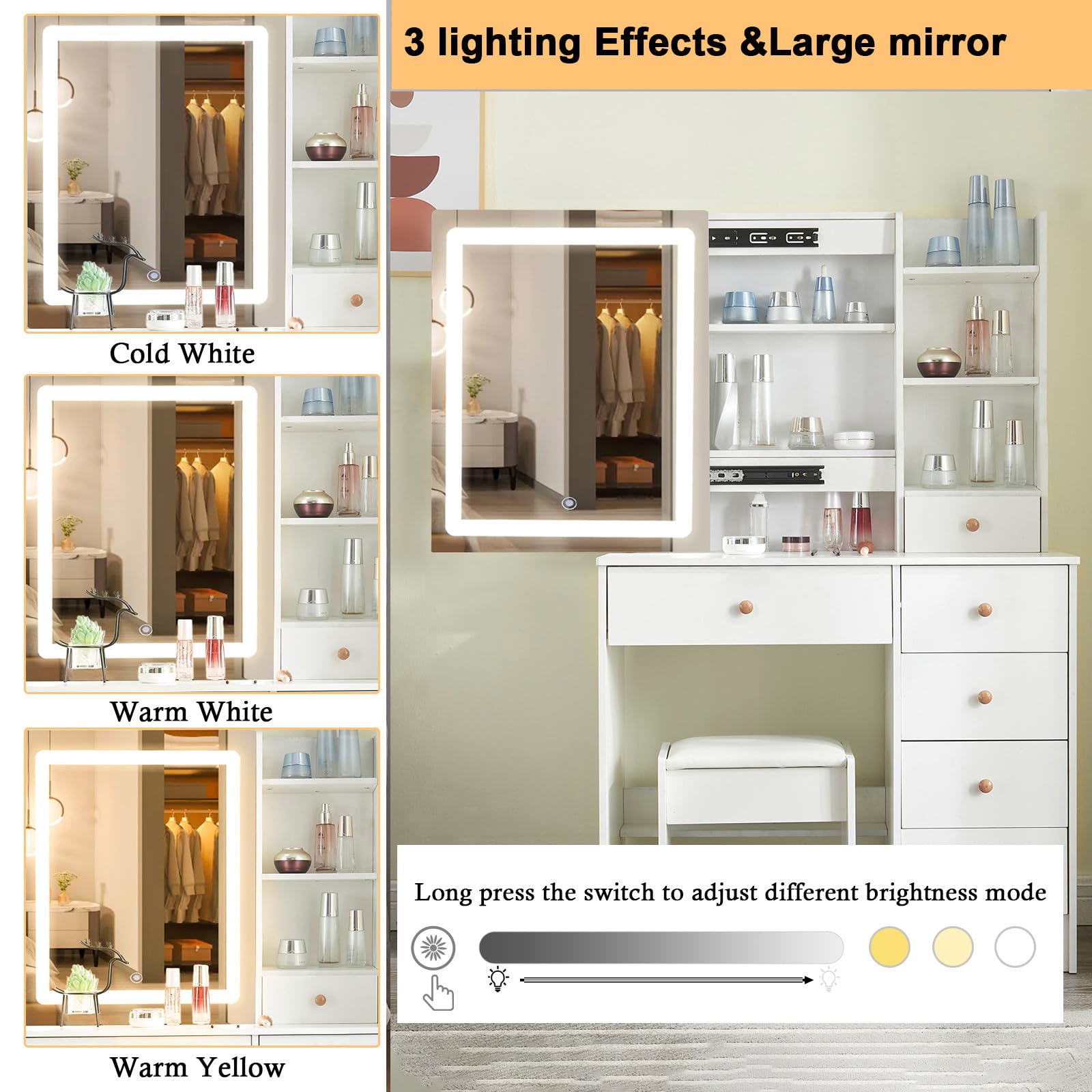 Vanity Desk Makeup Dressing Table with LED Lighted Mirror Cushioned Stool Set 3 Color Lighting Modes Storage Shelves 5 Drawers Brightness Adjustable Modern for Women Girls Bedroom White